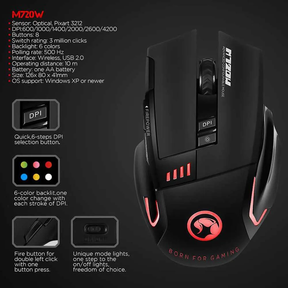 Scorpion marvo M720W 4800 DPI wireless gaming mouse Black| Techinn