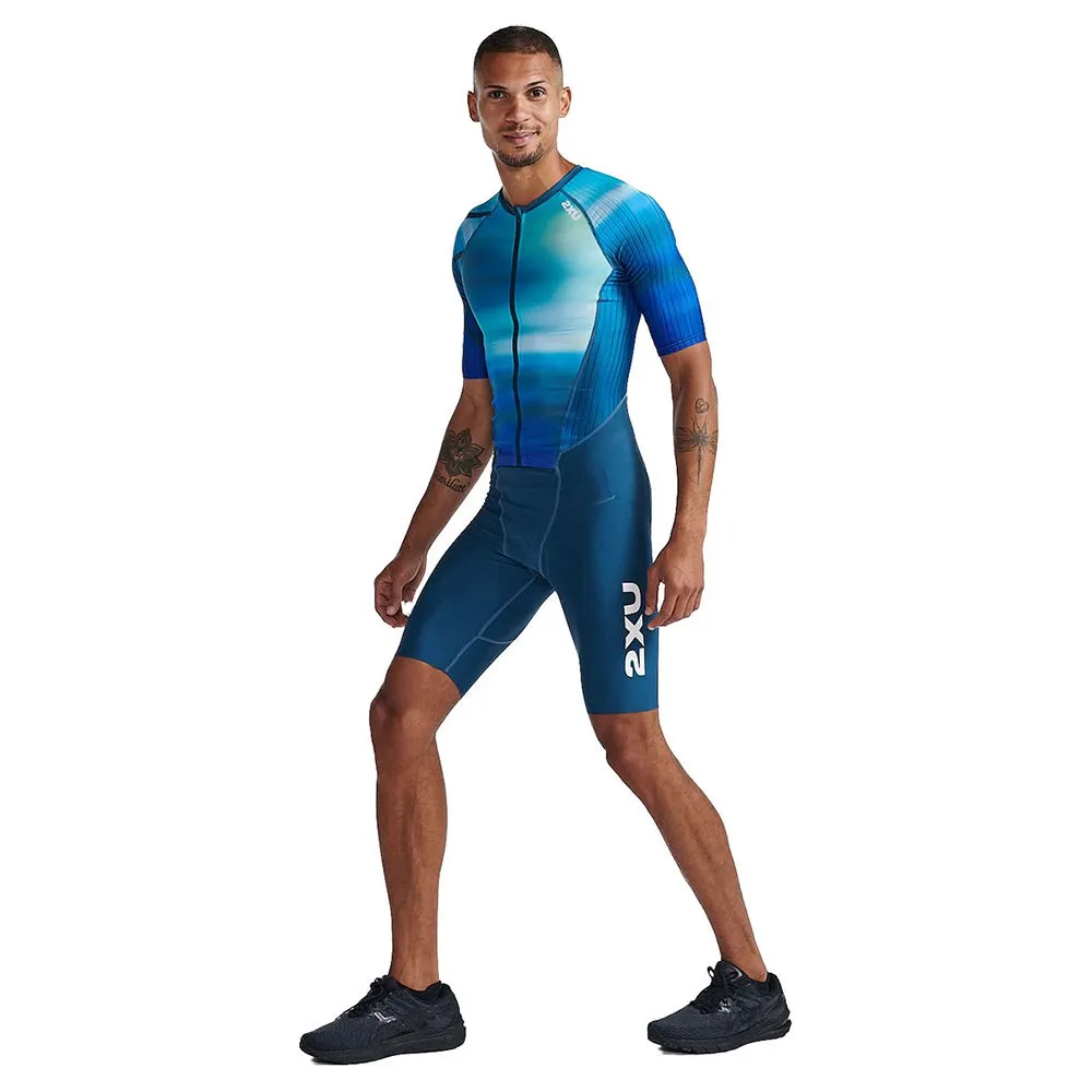 2XU Aero Sleeved Short Sleeve Trisuit Blue | Runnerinn