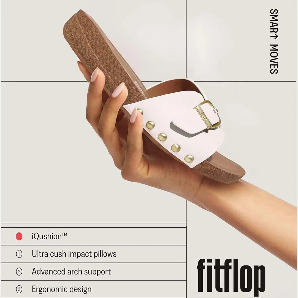 Fitflop Iqushion Adjustable Buckle Leather Slides White| Dressinn