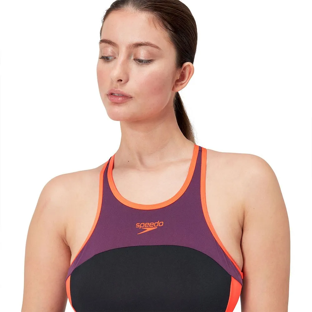 Speedo High Neck Splice Cross Back swimsuit Black | Swiminn