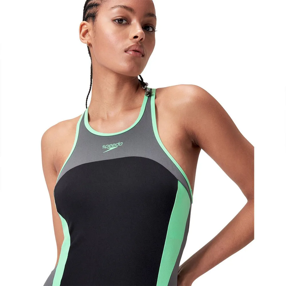 Speedo High Neck Splice Cross Back swimsuit Black | Swiminn