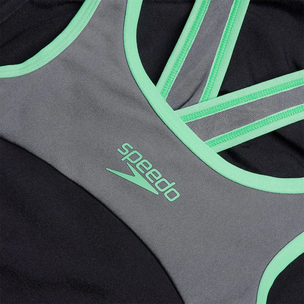 Speedo High Neck Splice Cross Back swimsuit Black | Swiminn